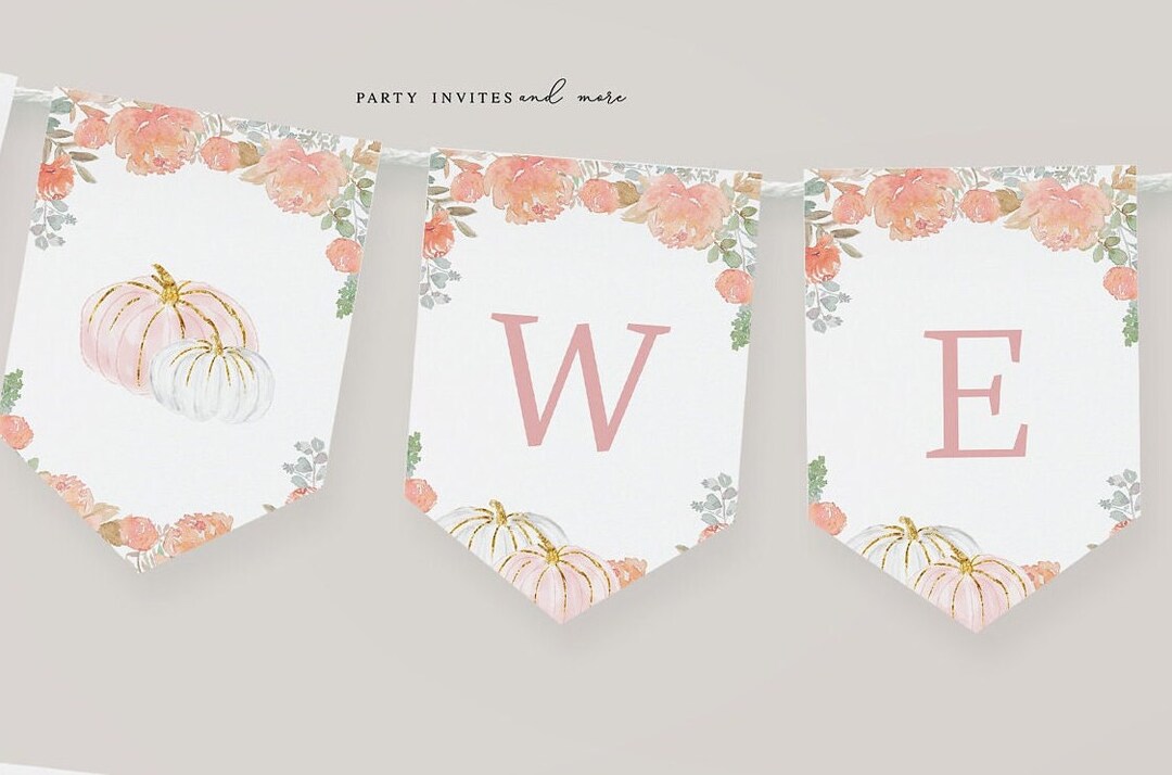 Editable Pink Pumpkin Baby Shower Banner, Pumpkin Party Flag Banner ...