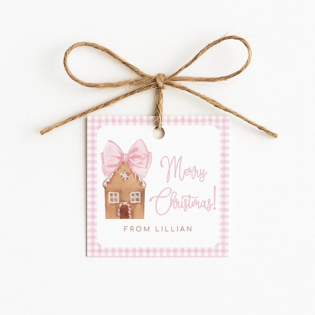 Gingerbread House Gift Tags With Pink Gingham, Preppy Holiday Tags ...