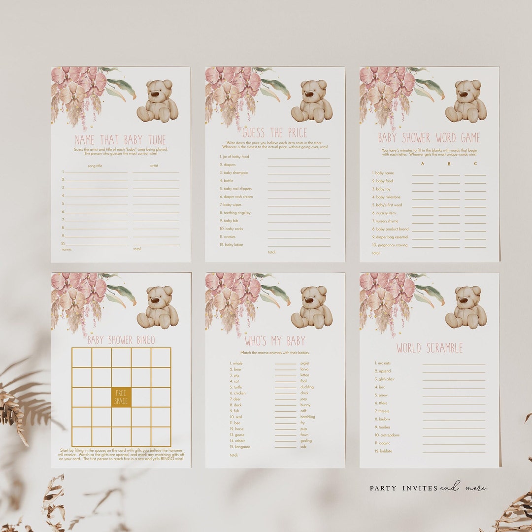 Boho Teddy Bear Baby Shower Game Bundle, Printable Pink and Gold Bear ...