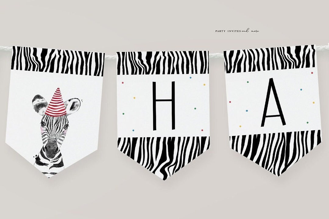 Editable Zebra Birthday Banner, Safari Animals Happy Birthday Banner ...