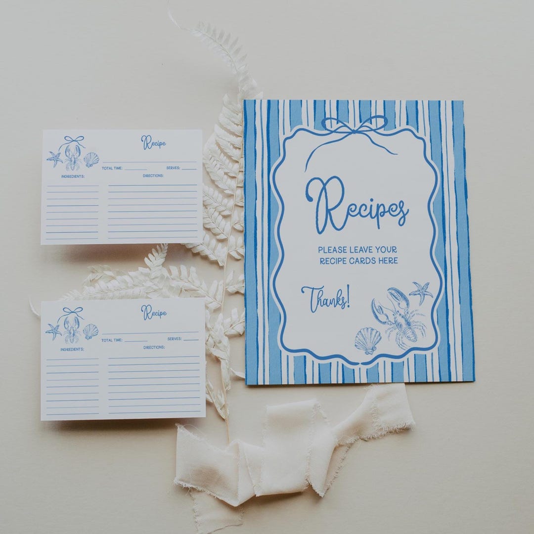 Coastal Bridal Shower Recipe Cards and Sign, Blue Stripes and Seashells ...