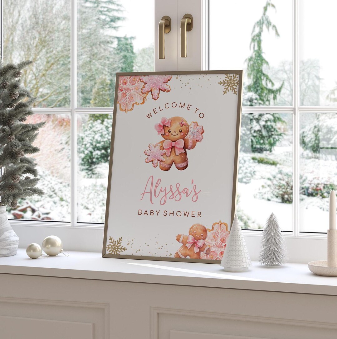 Pink Gingerbread Baby Shower Welcome Sign, Editable Holiday Party Decor ...