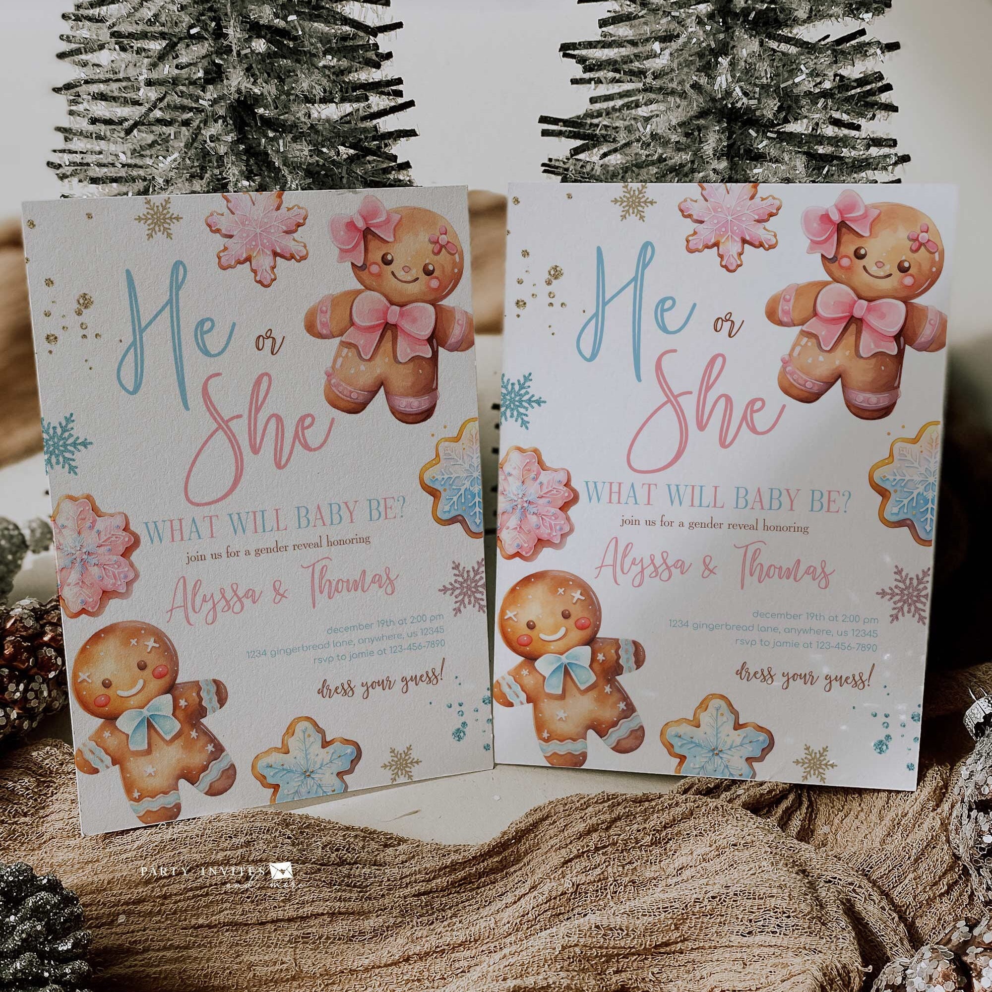 Holiday Gingerbread Cookie Gender Reveal Invitation, Pink and Blue ...