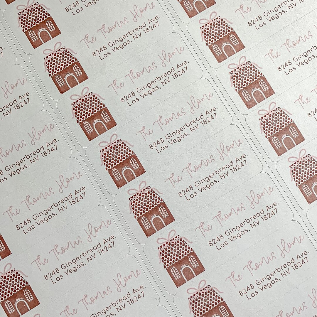 Gingerbread House Return Address Labels, Pink Bow and Gingerbread House ...