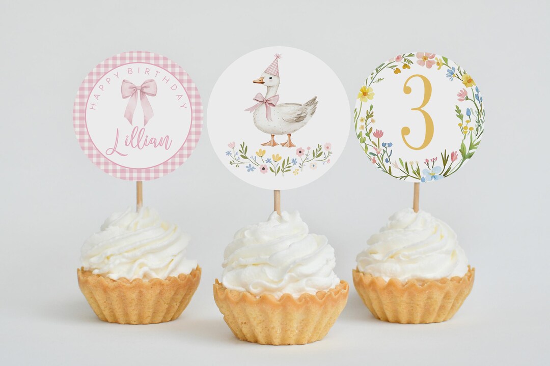 Goose and Flower Cupcake Toppers, Pink Gingham Birthday Party (digital ...