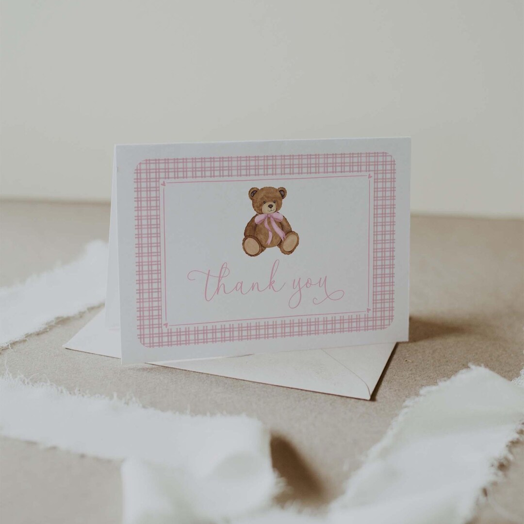 Pink Gingham Teddy Bear Baby Shower Thank You Card, Preppy Nursery Note ...