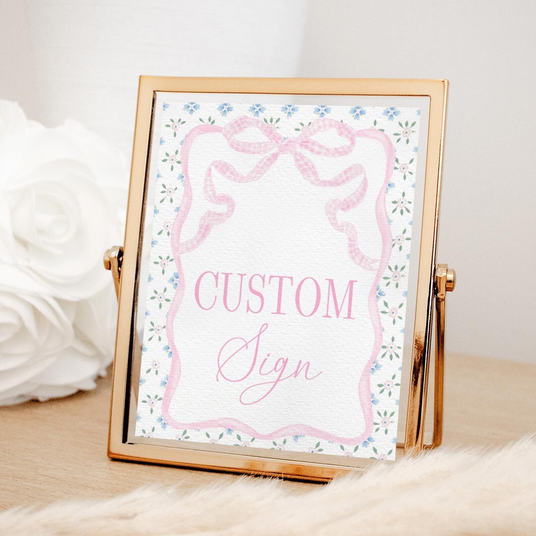 Pink Bow Birthday Party Custom Sign, Editable Gingham and Floral Ribbon ...