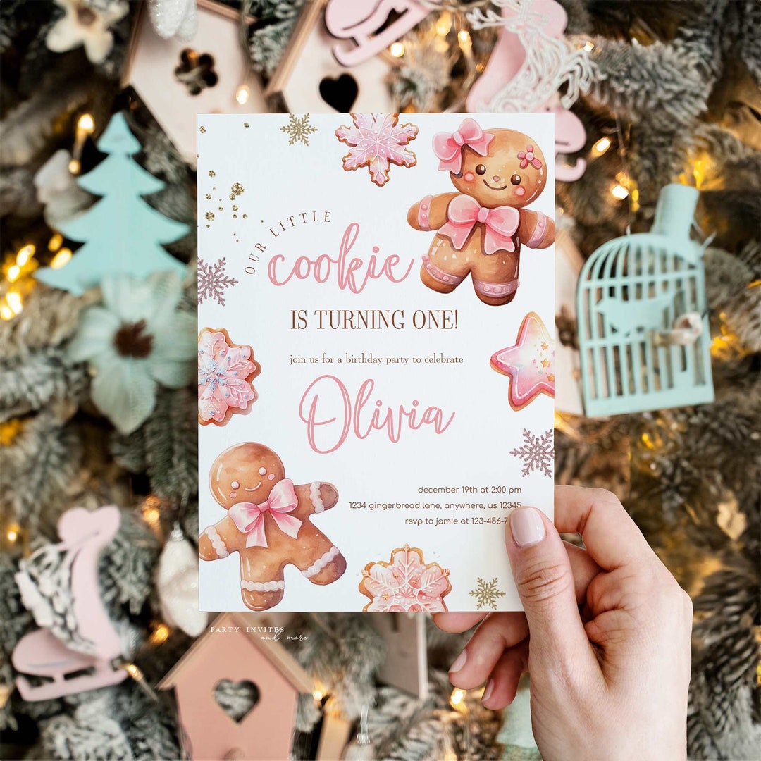 Pink Gingerbread Birthday Invitation Holiday Cookie Birthday - Etsy