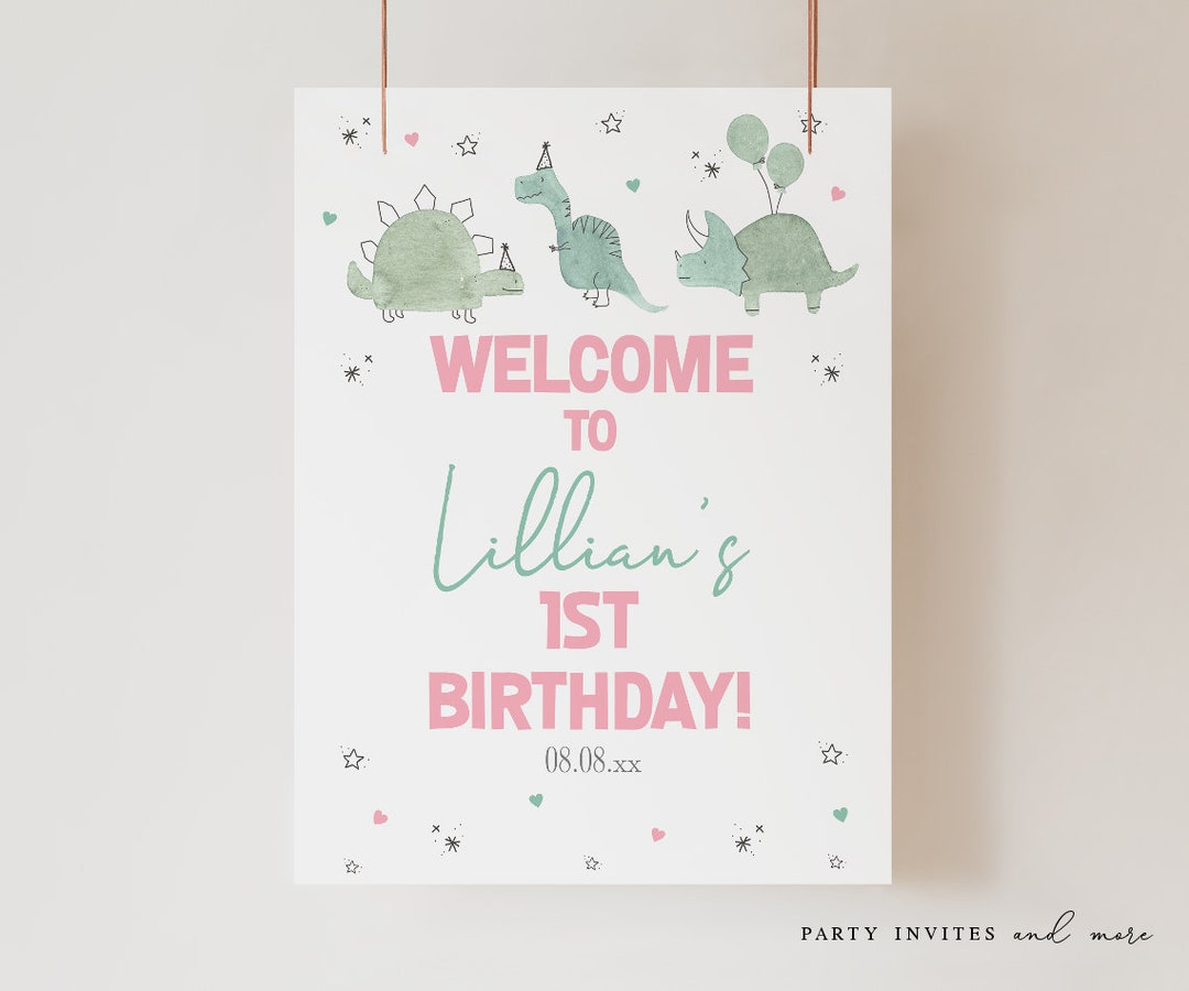 Dinosaur Welcome Sign, Girl Dinosaur Birthday Party Sign, Editable Dino ...