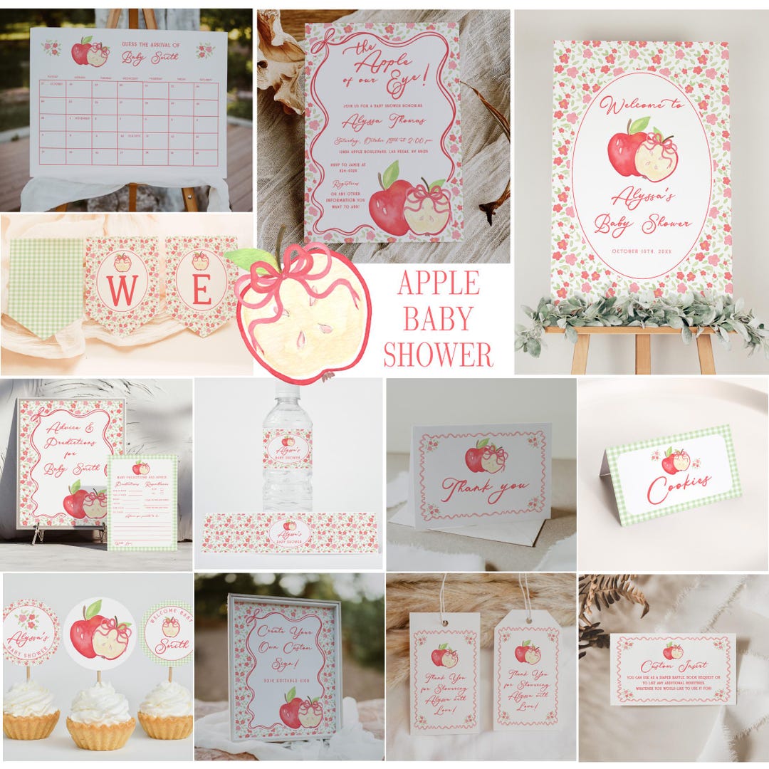 Floral Apple Baby Shower Invitation Bundle, Gingham & Flowers (digital ...
