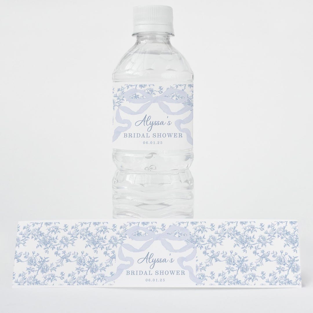 Light Blue Toile and Bow Bridal Shower Water Bottle Labels, Printed ...
