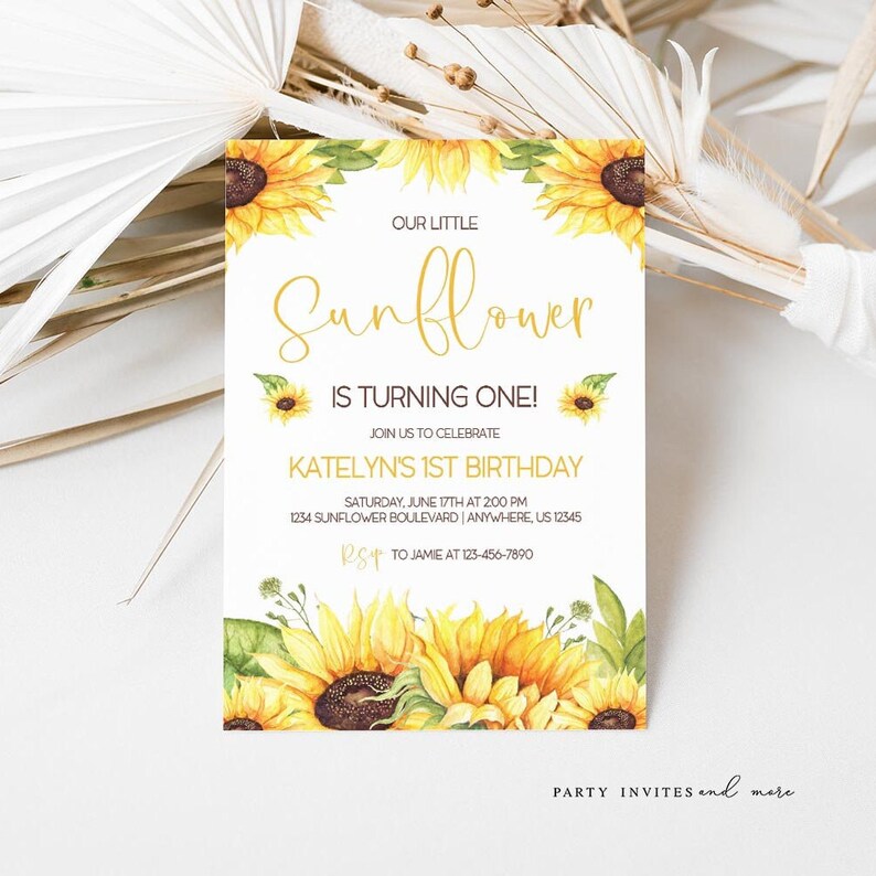 Sunflower Birthday Invitation, Girl Sunflower Birthday Party Invite ...