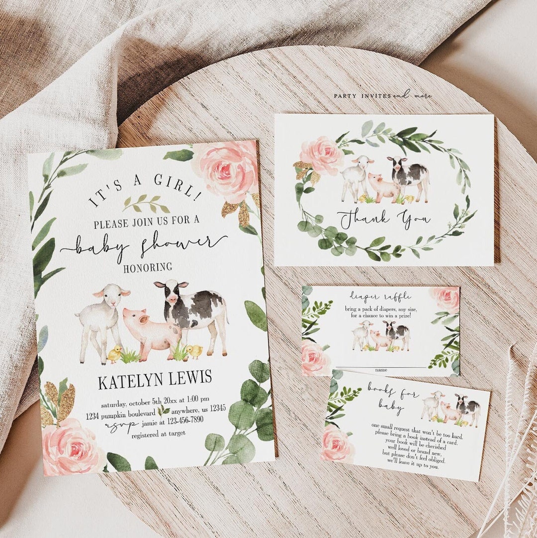 Greenery Farm Baby Shower Invitation Set, Editable Farm Animals Girl ...