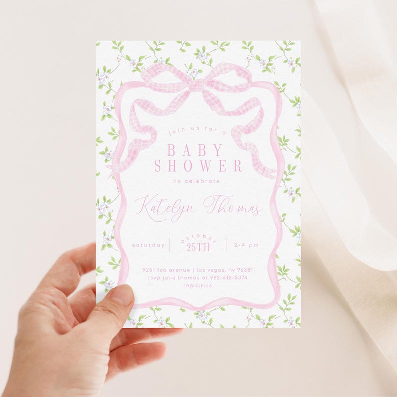 Pink Gingham Bow Baby Shower Invitation, Gingham and Floral Ribbon Baby ...