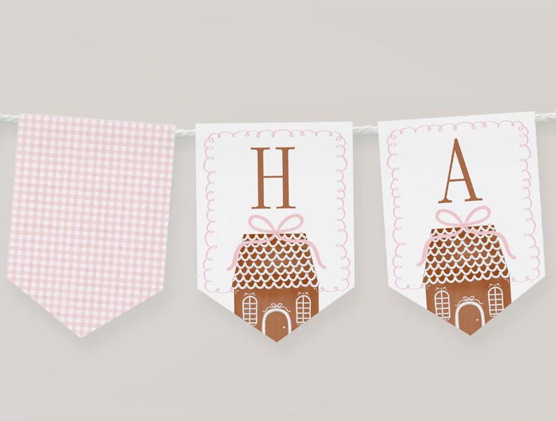 Pink Gingerbread House Birthday Party Banner With Pink Bows, Editable ...