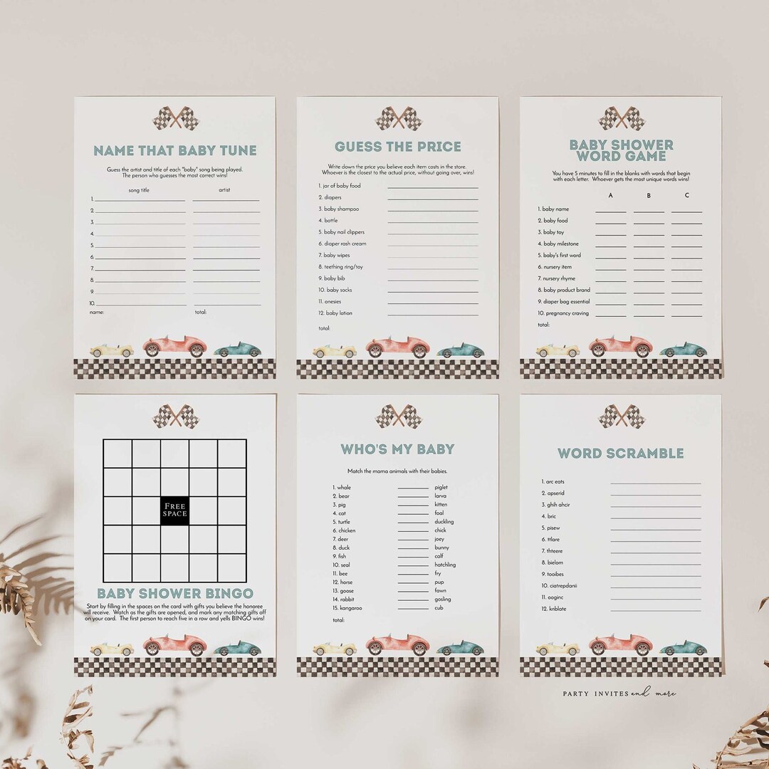 Race Car Baby Shower Game Bundle, Racing Baby Shower Game Printables ...