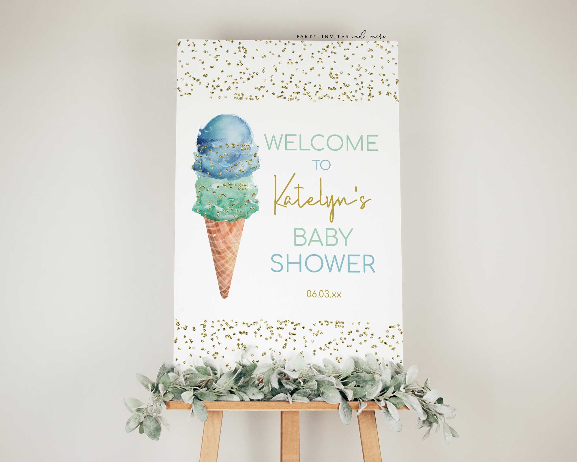 Editable Ice Cream Welcome Sign, Green and Blue Ice Cream Baby Shower ...