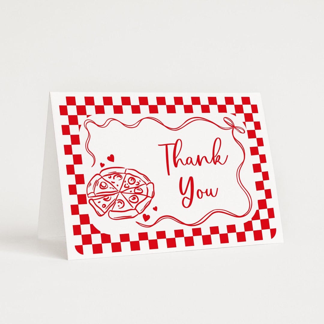 Pizza Party Thank You Card With Bow Frame, Hand Drawn Pizza Themed ...