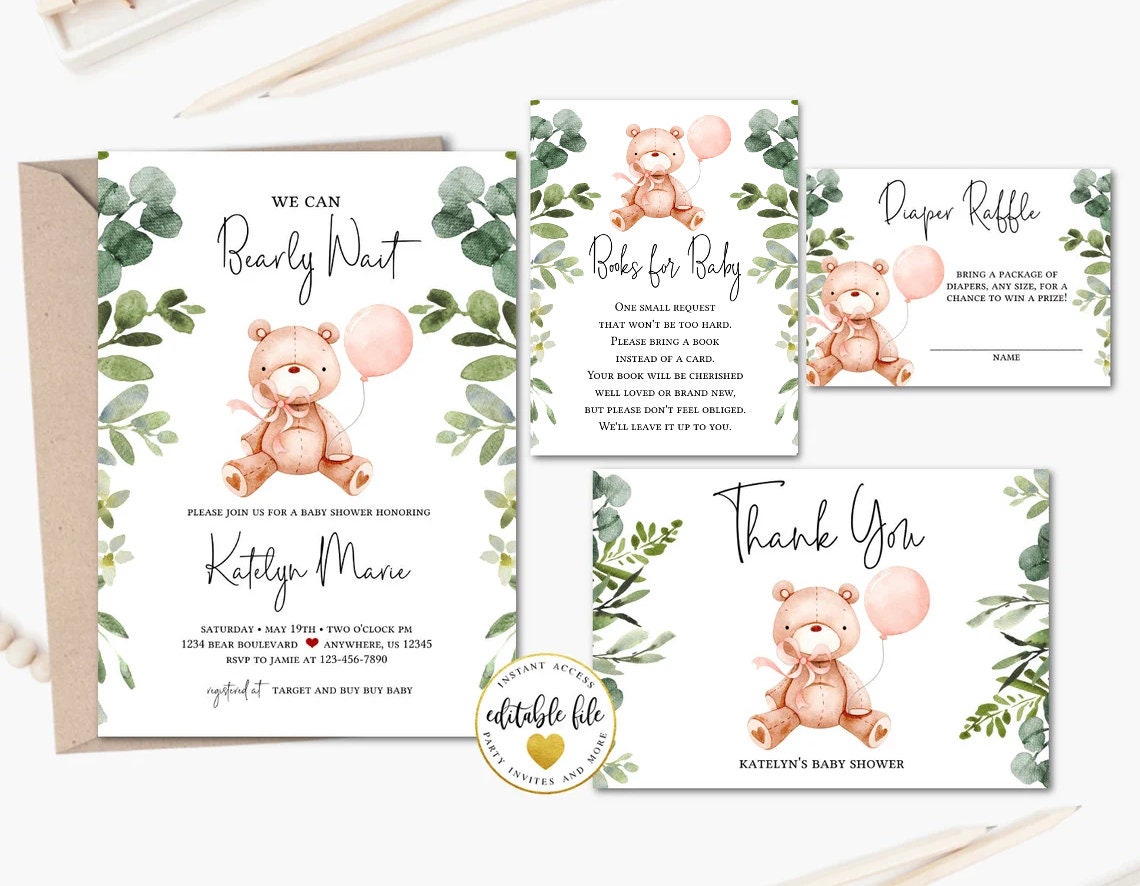 Editable Teddy Bear Baby Shower Invitation Bundle Girl Bear | Etsy