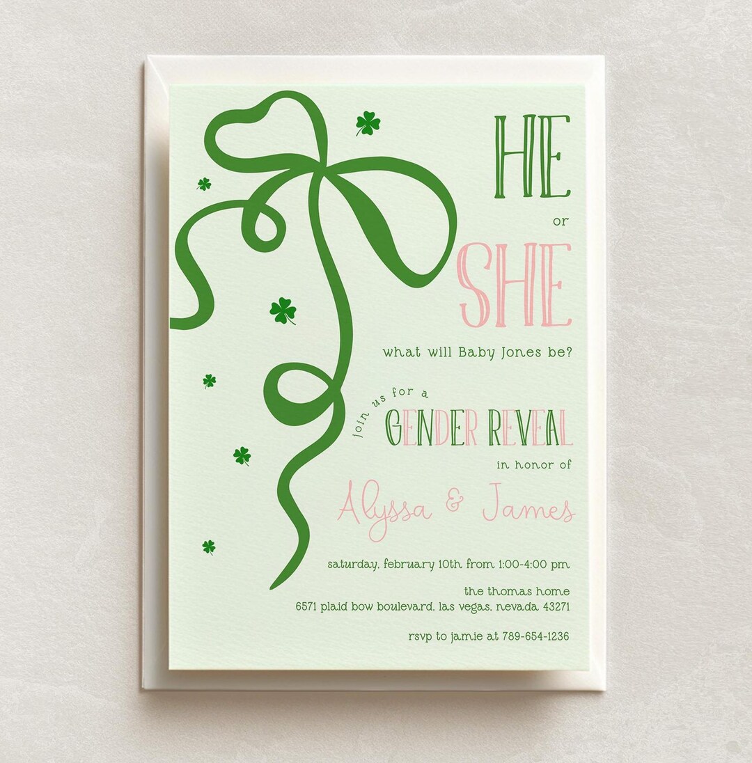 St. Patrick's Day Gender Reveal Invitation With a Bow, Green St ...