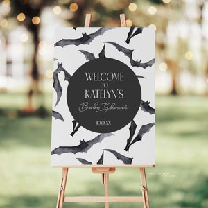 Halloween Bat Baby Shower Welcome Sign, Black and White Bats Halloween ...