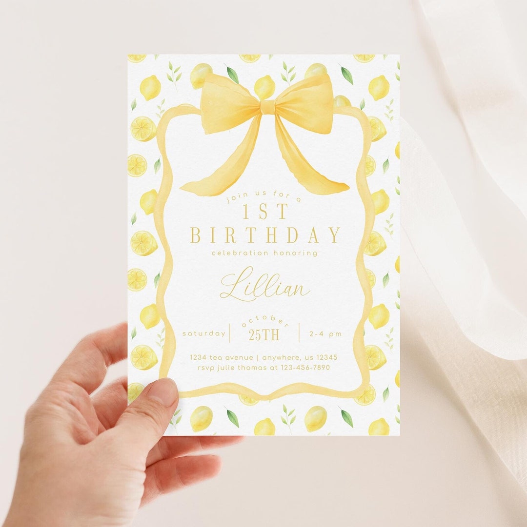 Lemon Birthday Party Invitation, Printable Yellow Ribbon Frame Birthday ...