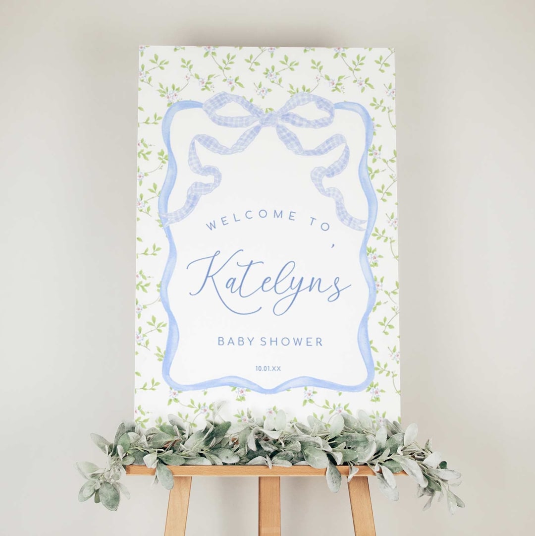 Blue Bow Baby Shower Welcome Sign, Gingham and Floral Ribbon Baby ...