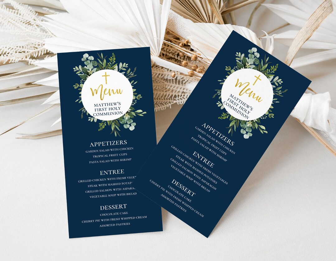 Greenery and Navy First Holy Communion Menu Template, Editable Baptism ...