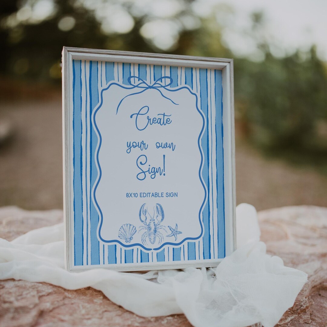 Coastal Bridal Shower Custom Table Sign, Blue Stripes and Seashells ...