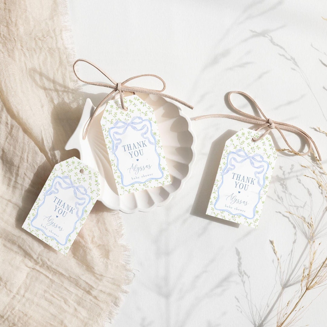 Blue Bow and Gingham Birthday Party Thank You Tags, Editable Baby ...