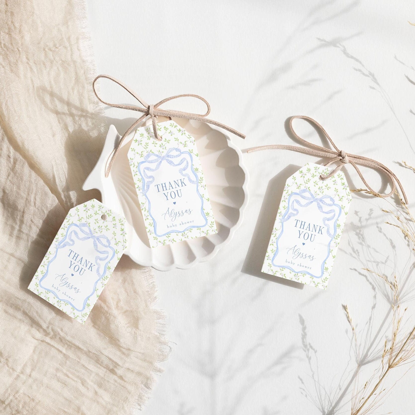 Blue Bow and Gingham Birthday Party Thank You Tags, Editable Baby ...