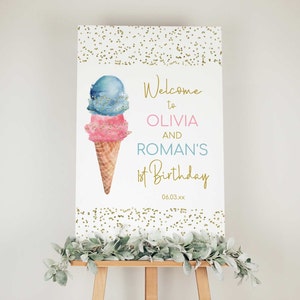 Editable Ice Cream Welcome Sign, Pink and Blue Ice Cream Birthday ...