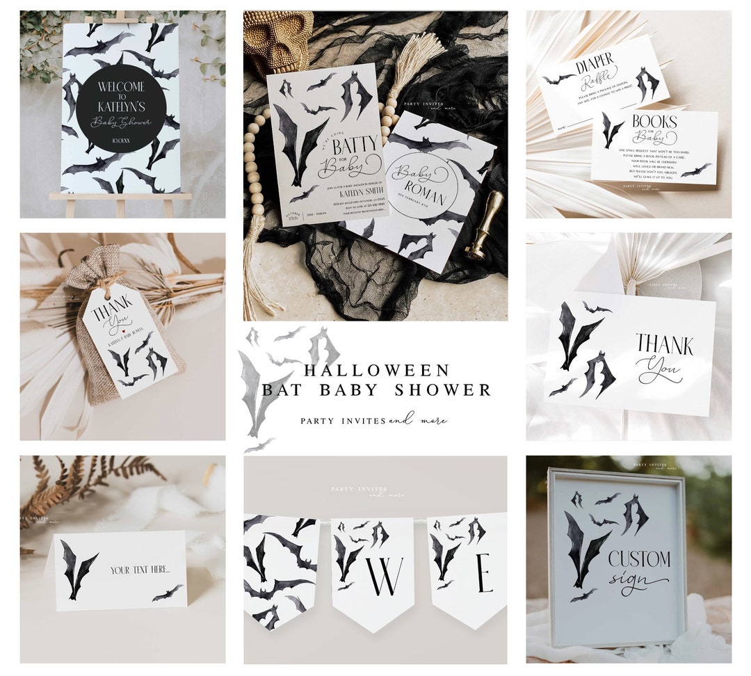 Halloween Bats Baby Shower Invitation Set Editable Black and - Etsy