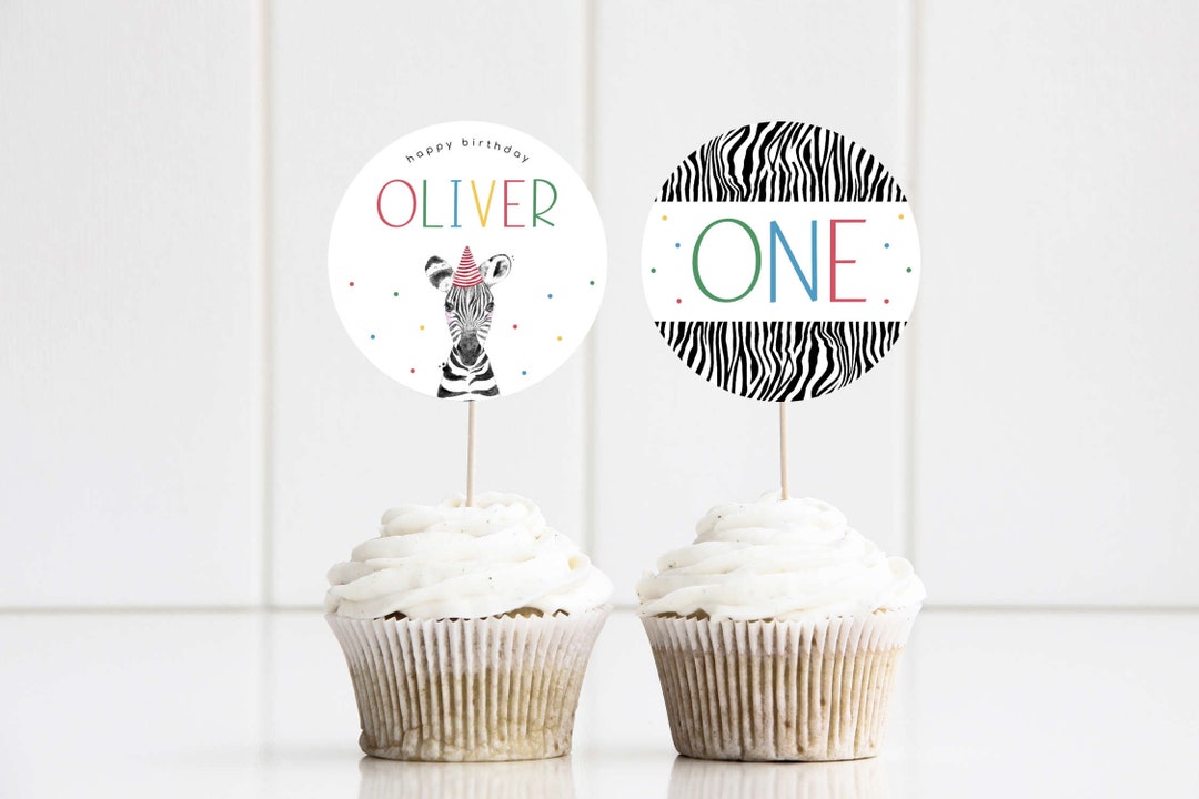 Zebra Birthday Cupcake Toppers, Safari First Birthday Circles, Editable ...