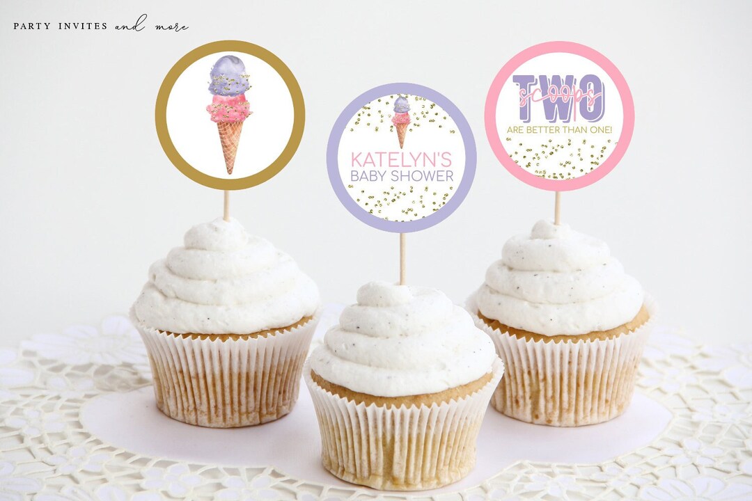 Ice Cream Baby Shower or Birthday Cupcake Toppers, Pink and Purple Ice ...