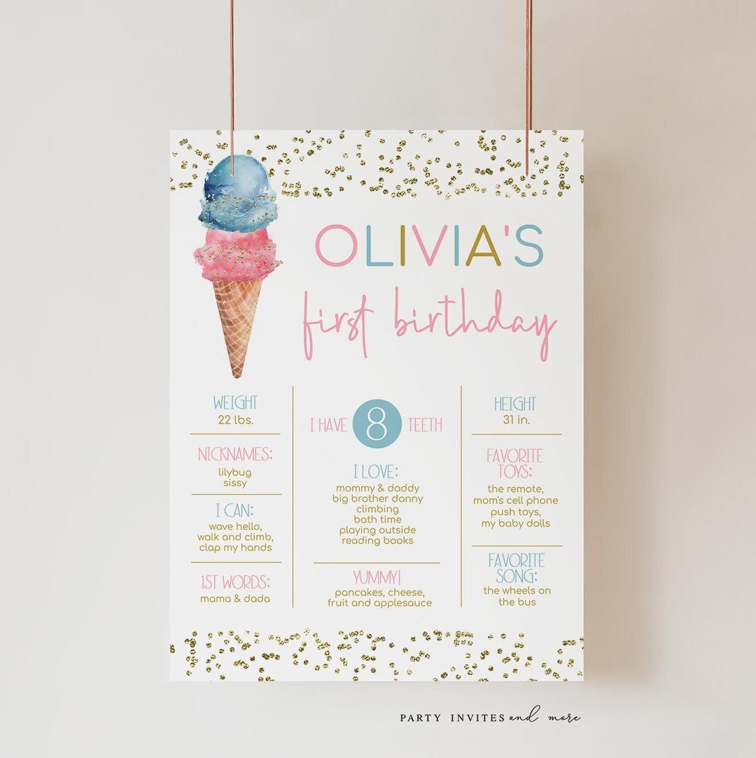 Ice Cream Birthday Milestone Sign, Pink and Blue Ice Cream First ...