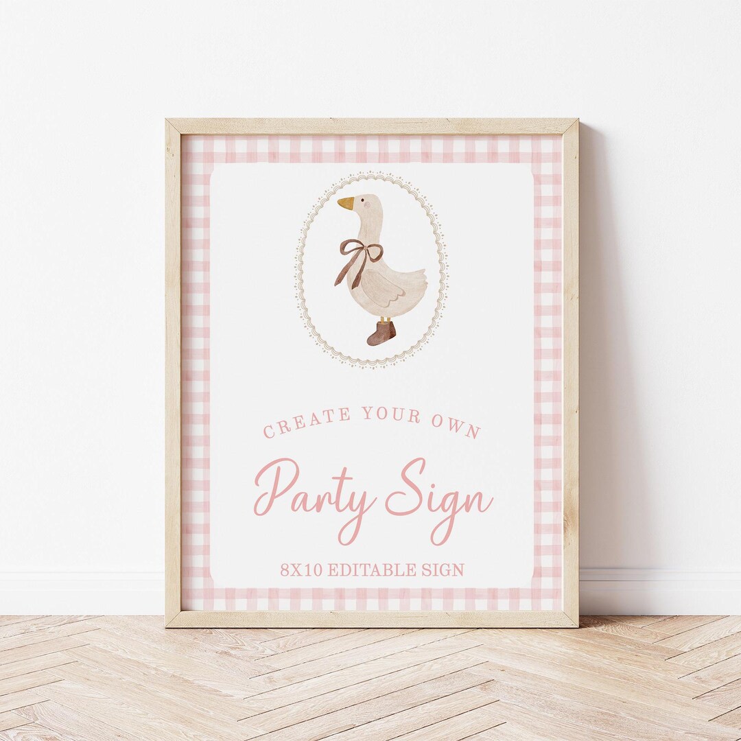 Pink Gingham and Goose Birthday Party Custom Sign, Editable Goose ...