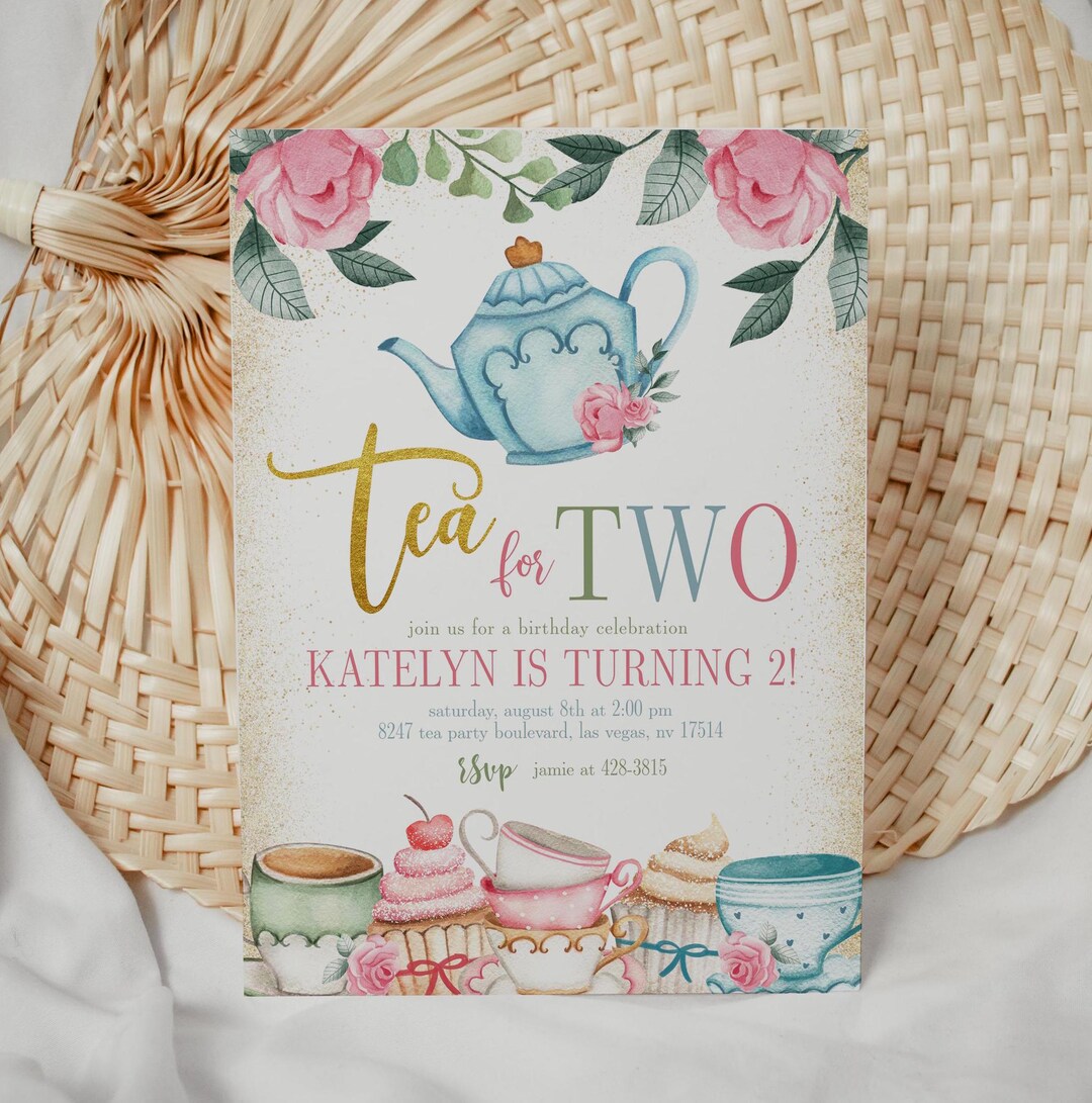 Tea for Two Birthday Invitation, Floral Tea Party Invite, 2nd Birthday ...