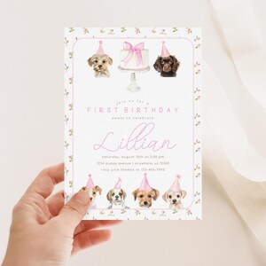 Dog Birthday Party Invitation and Thank You Card, Pink Bow Puppy ...