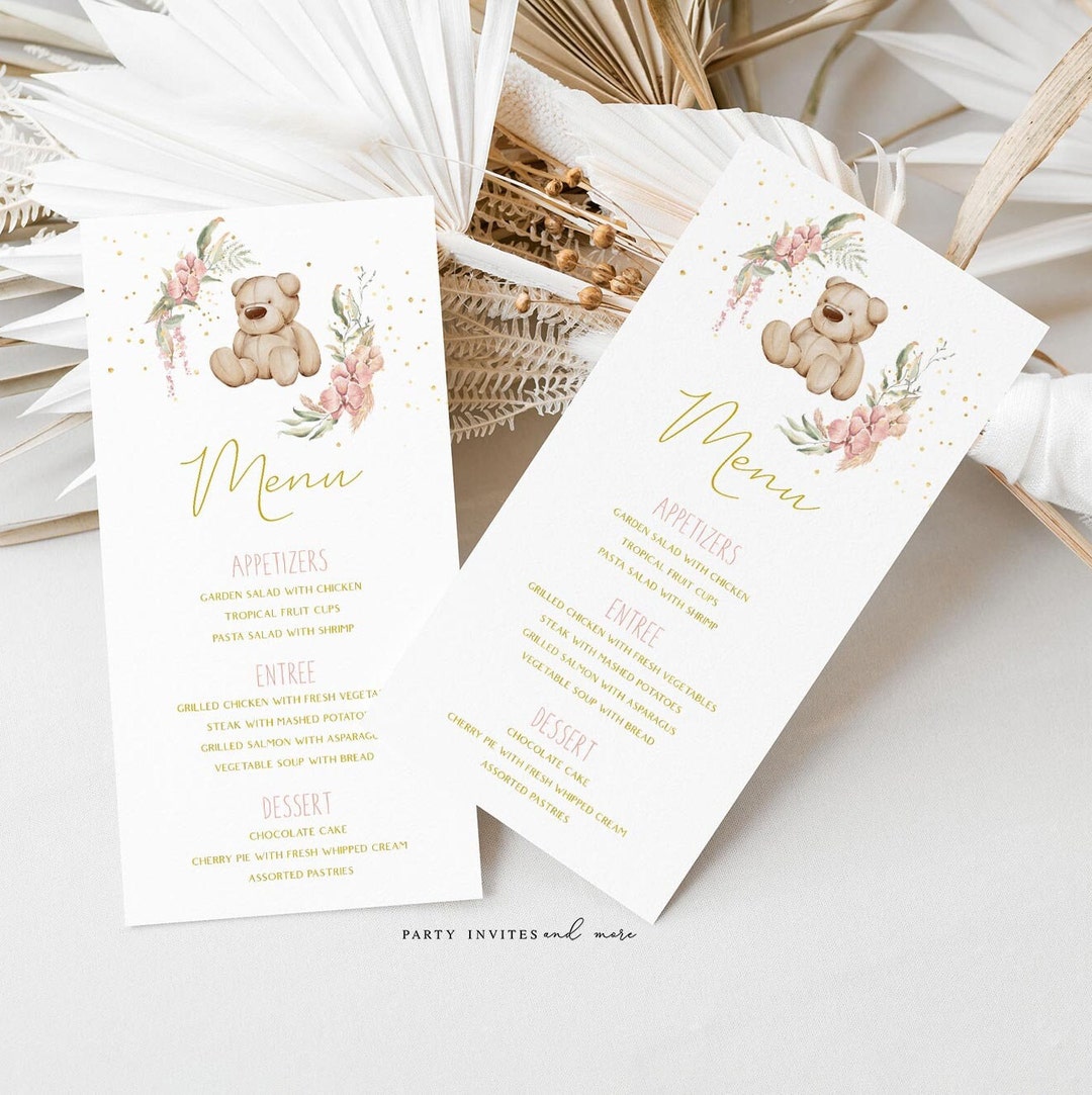 Boho Teddy Bear Baby Shower Menu Template, Editable Pink and Gold ...
