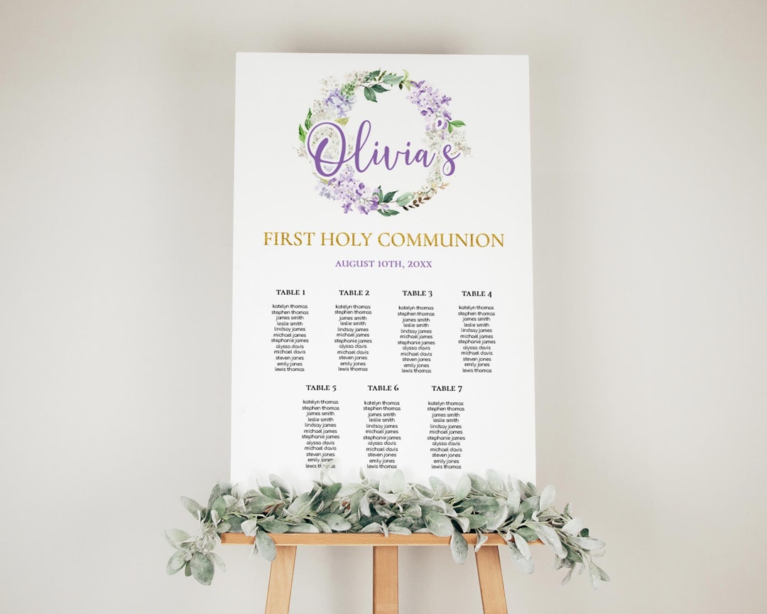 Lilac Purple First Communion Seating Chart, Editable First Holy ...