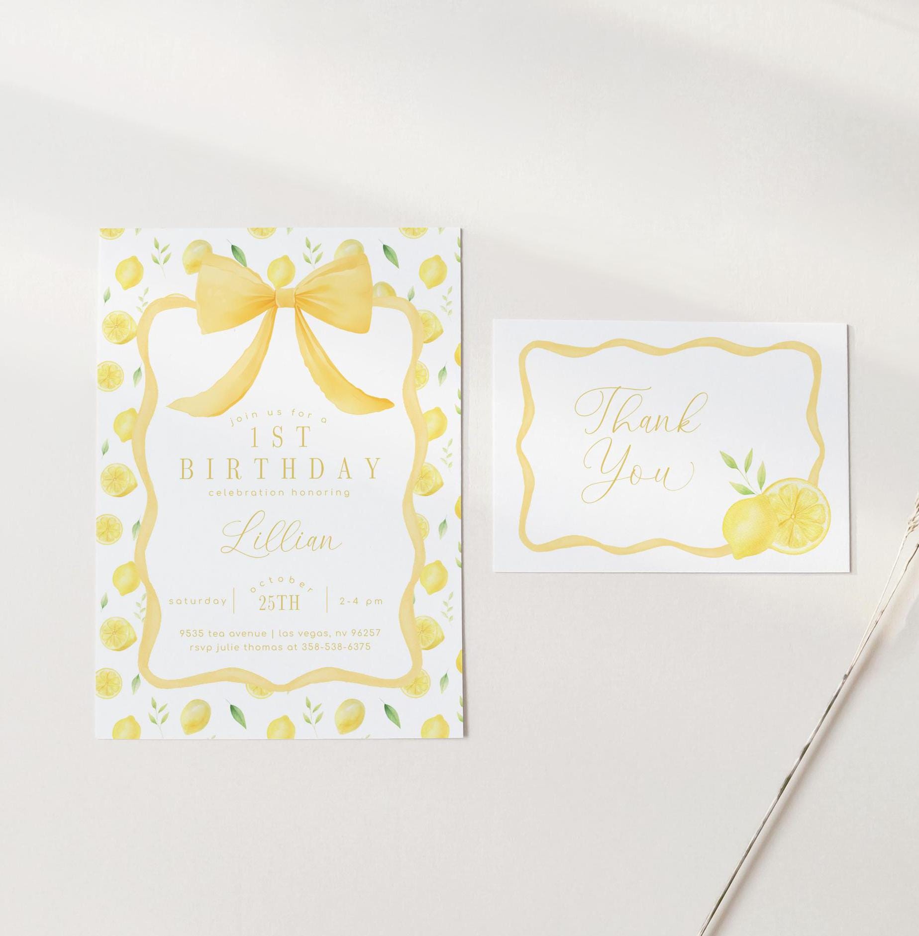 Lemon Birthday Party Invitation and Thank You Card, Printable Yellow ...