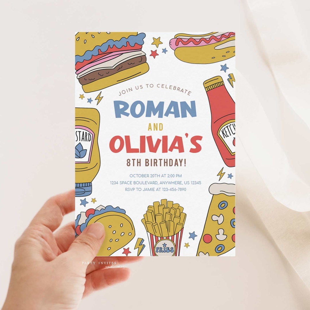 Fast Food Combined Birthday Party Invitation, Food Themed Sibling ...