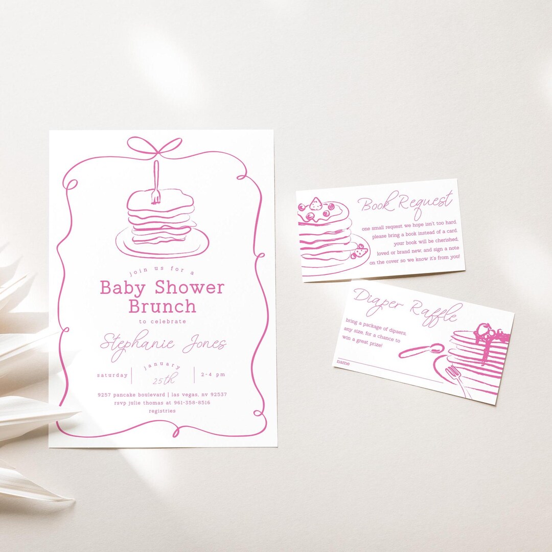 Pancake Baby Shower Brunch Invitation Set With Hand Drawn Bow Frame ...