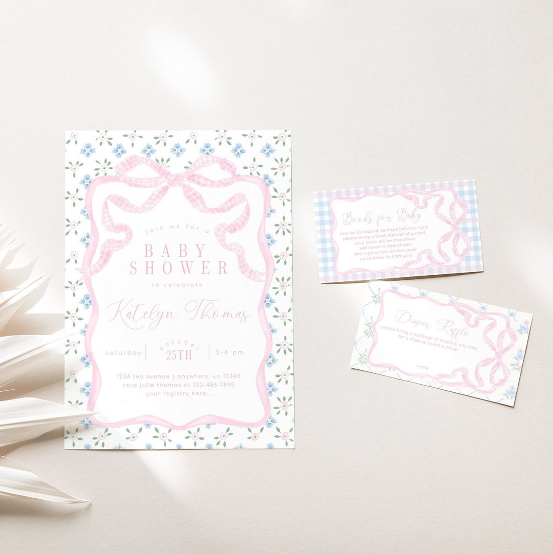 Pink Bow Baby Shower Invitation Set, Gingham and Floral Ribbon Baby ...