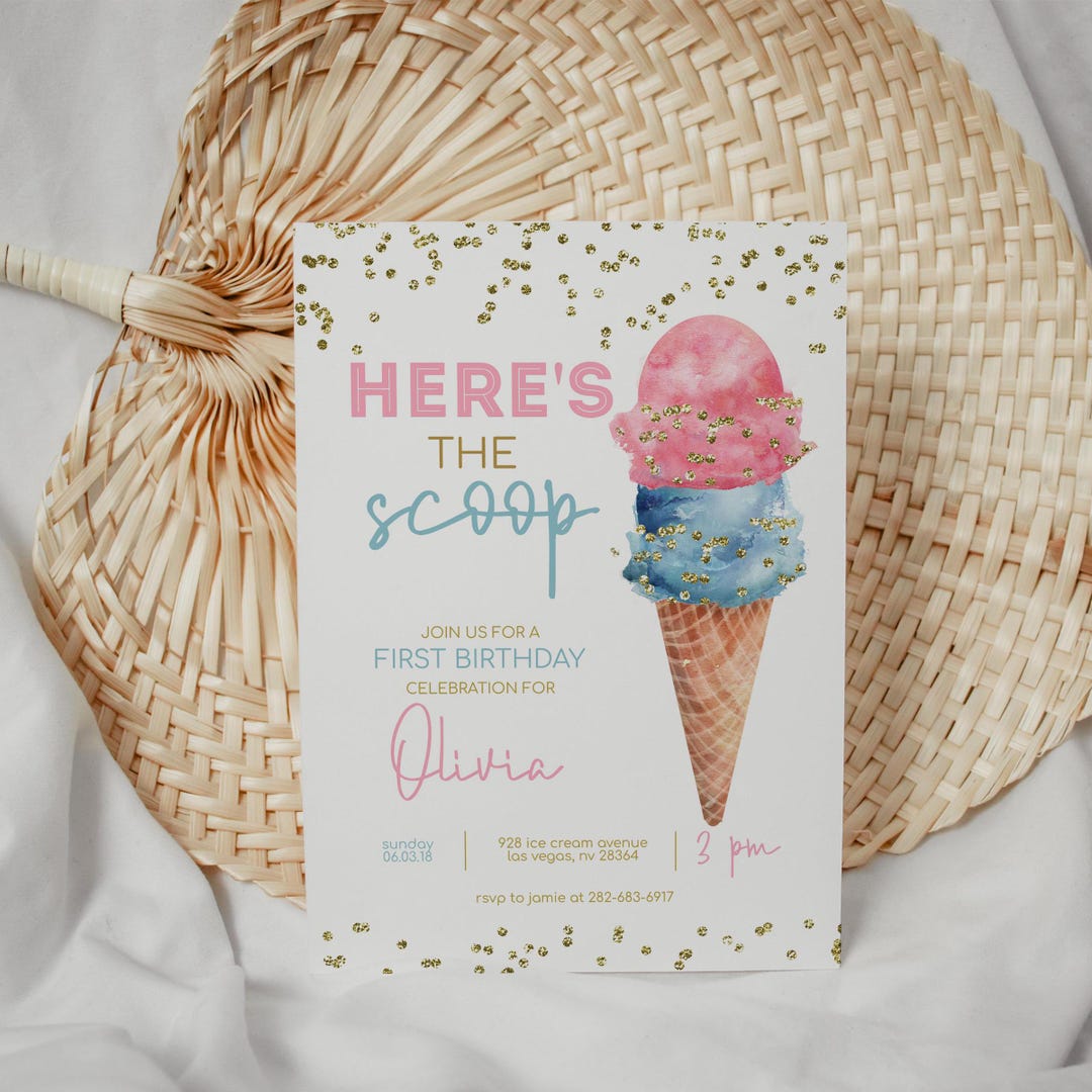 Editable Ice Cream Birthday Invitation, Ice Cream Party Invite, Pink ...
