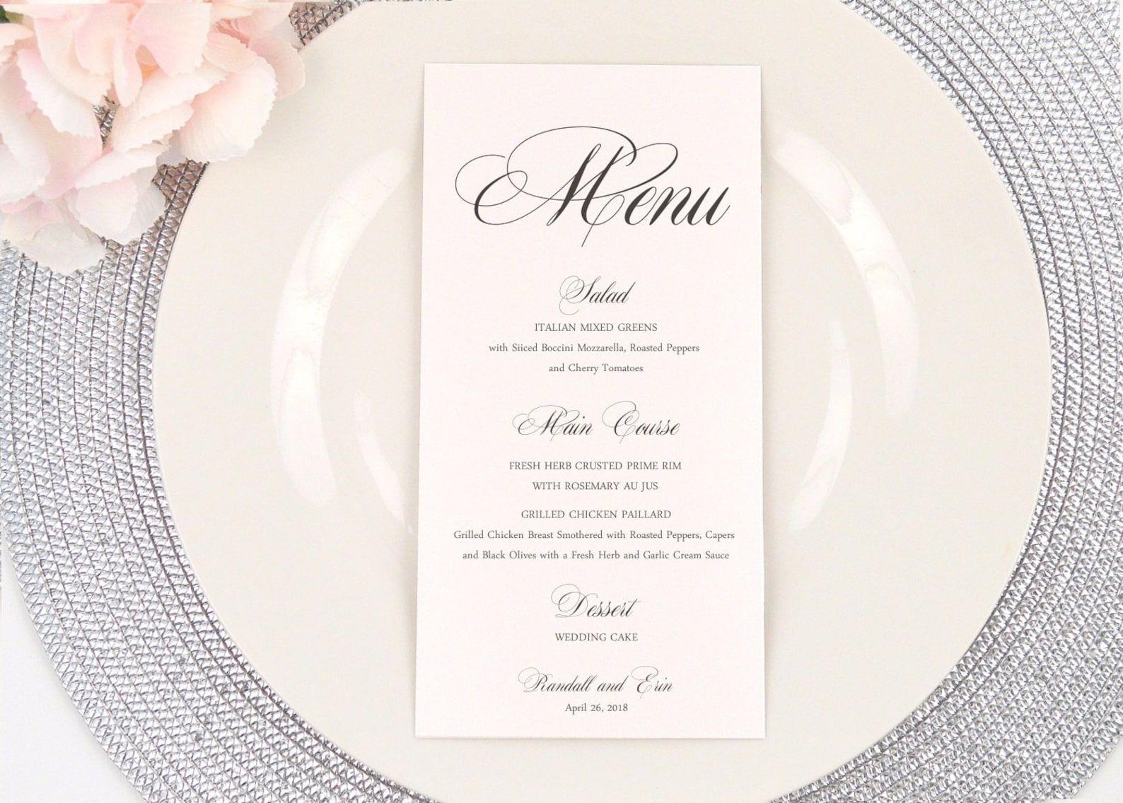 PRINTED Wedding Dinner Menu 4x8 or 5x7 Card - Etsy