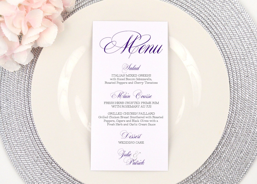 Menú de cena de boda impreso, tarjeta de 4x8" o 5x7", fiesta, recepción ...