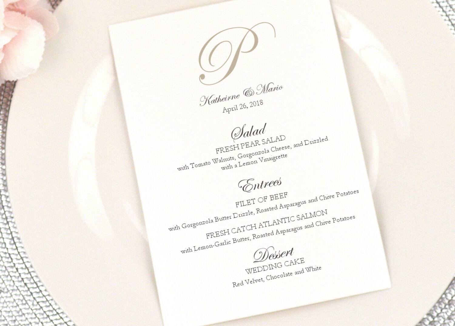 PRINTED Wedding Dinner Menu 4x8 or 5x7 Size | Etsy