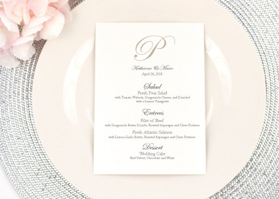 PRINTED Wedding Dinner Menu 4x8 or 5x7 Size | Etsy